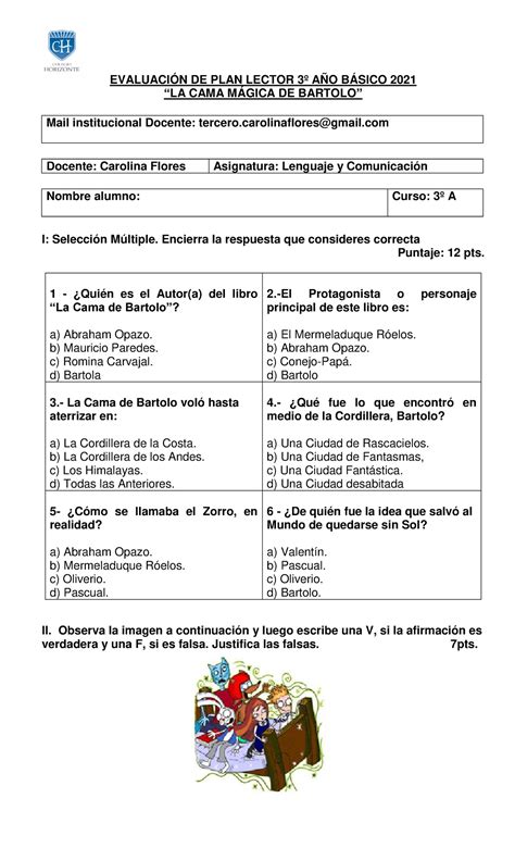 Prueba Bartolo y la cama magica EVALUACIÓN DE PLAN LECTOR 3º AÑO