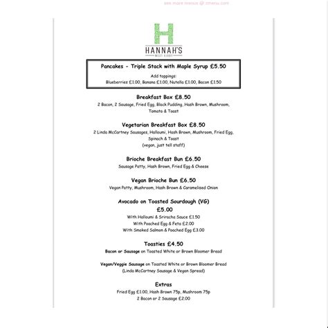 Menu At Hannahs Cafe Birkenhead