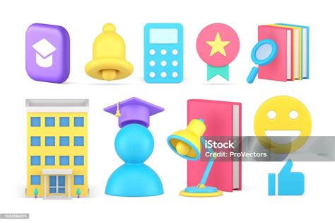 교육 전자 학습 성공 좋은 평가 졸업 수학 수업 링 벨 세트 3d 아이콘 벡터 건물 외관에 대한 스톡 벡터 아트 및 기타 이미지