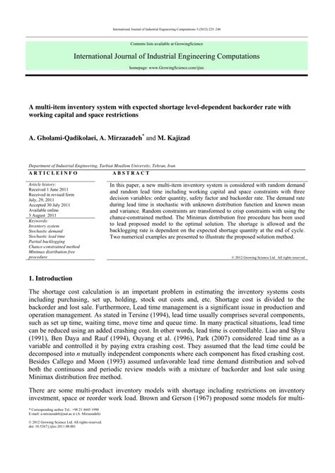 Pdf A Multi Item Inventory System With Expected Shortage Level Dependent Backorder Rate With