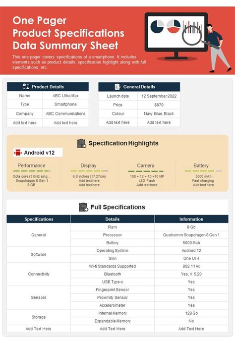 One Pager Product Specifications Data Summary Sheet Pdf Document Ppt