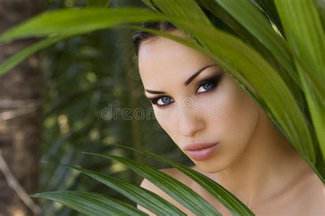 Beautiful Woman Hiding Behind The Palm Leaves Beautiful St Stock Image