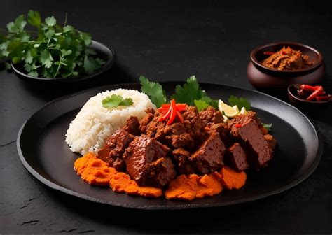 Premium Vector Beef Rendang On Black Plate At Black Slate Table Top