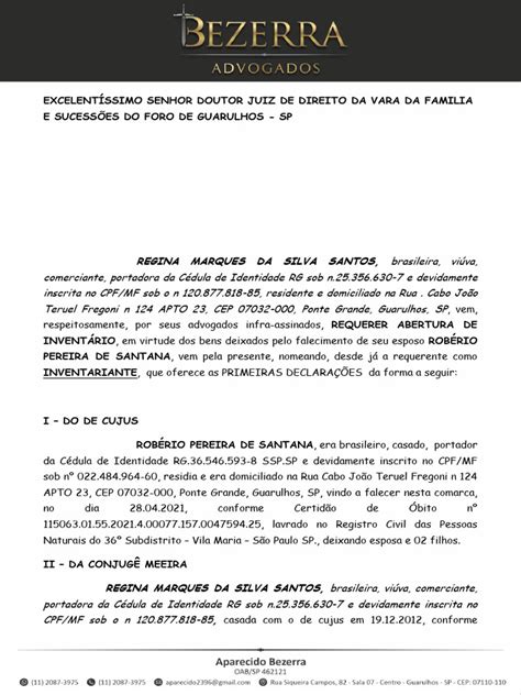 Petição Inicial Inventario Regina Marques Pdf Justiça Crime E