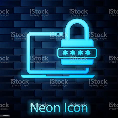 發光霓虹燈筆記本電腦與密碼通知和鎖圖示隔離在磚牆背景安全概念個人訪問使用者授權登錄表單向量插圖向量圖形及更多互聯網圖片 Istock