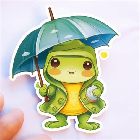 Someone Holding A Sticker Of A Frog With An Umbrella Generative Ai