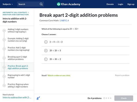 Khan Academy Breaking Apart Two Digit Addition Problems Unknown Type For Pre K 1st Grade