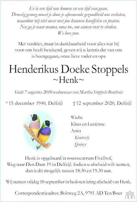 Henderikus Doeke Henk Stoppels 12 09 2020 Overlijdensbericht En
