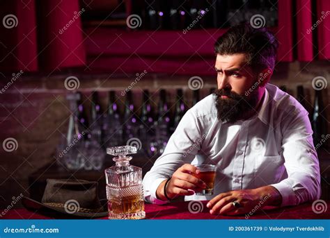 Man With Beard Holds Glass Brandy Bearded Guy Drink Cognac Man
