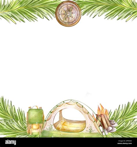 Rectangular Forest Frame Invitation With Fir Branches Tent Campfire Backpack And Compass