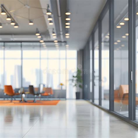 Modern Blurred Office Interior With Big Windows Showing Cityscape Stock