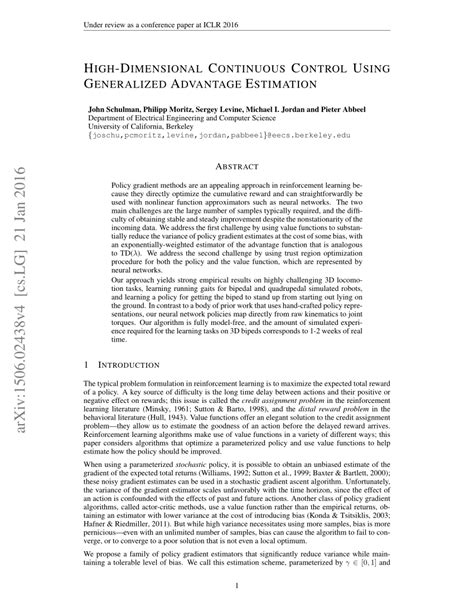 Pdf High Dimensional Continuous Control Using Generalized Advantage Estimation