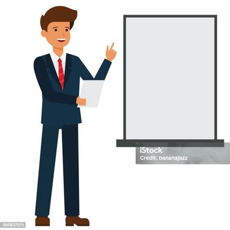 사업가 고립 된 흰색 바탕에 프레 젠 테이 션 만화 평면 벡터 일러스트 레이 션 개념을 하고있다 경영자에 대한 스톡 벡터 아트 및 기타 이미지 Istock