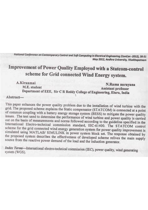 Pdf Improvement Of Power Quality Employed With A Statcom Control Scheme For Grid Connected