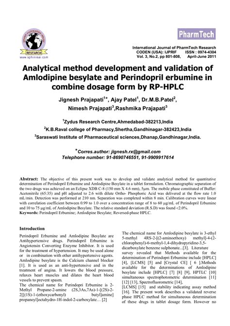 Pdf Analytical Method Development And Validation Of Amlodipine Besylate And Perindopril