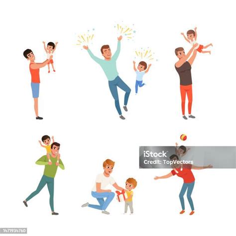 그의 어린 아들과 함께 즐거운 벡터 세트를 가지고 함께 시간을 보내는 행복한 아버지 가계에 대한 스톡 벡터 아트 및 기타 이미지
