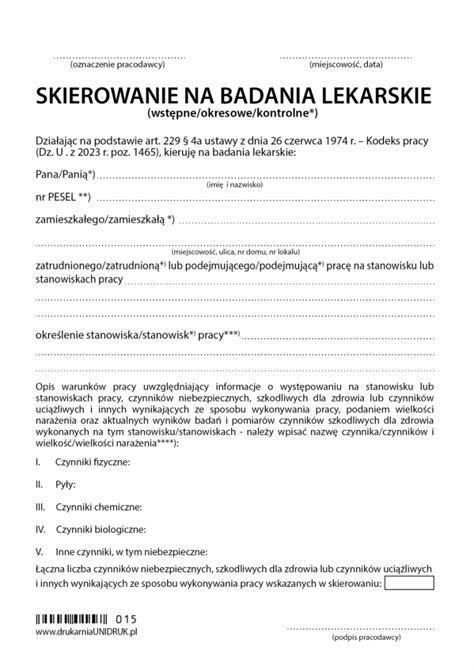 Skierowanie na badania wstępne okresowe kontrolne samokopiujący druk Skierowania Druki