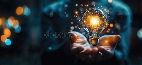Illuminating Ideas Hands Holding Glowing Light Bulb With Sparkling