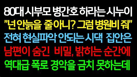 실화사연 80대 시부모 병간호 하라는 시누이 전혀 현실파악 안되는 시댁집안은 남편이 숨긴 비밀 밝혀닌 순간에 역대급 폭로 경악을 금치 못하는데 라디오드라마 사이다사연