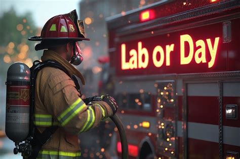 A Firefighter Holding A Fire Hose With Labor Day T Premium Ai
