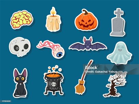 아이콘 할로윈 스티커 세트입니다 호박 유령 뇌 박쥐 두개골 묘비 나무 양초 빗자루 안구 고양이 마녀 가마솥 벡터 일러스트레이션 0명에 대한 스톡 벡터 아트 및 기타 이미지