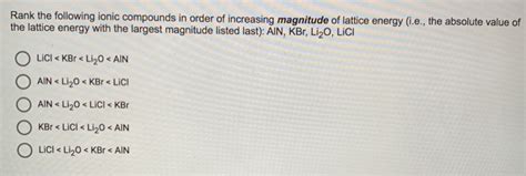 Solved Rank The Following Ionic Compounds In Order Of Chegg