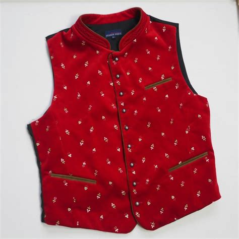 Red Velvet Trachten Vest Mens Dirndl Waistcoat Vest Gem