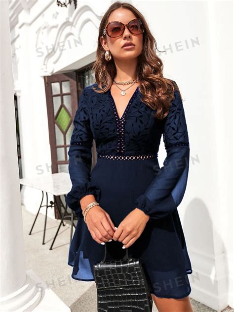 Guipure Lace Insert Lantern Sleeve Chiffon Dress Shein Uk