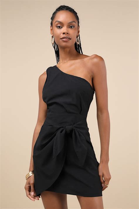 Chic Black Print Dress Faux Wrap Dress One Shoulder Dress Lulus