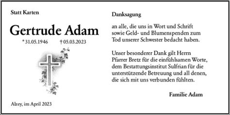 Traueranzeigen Von Gertrude Adam Vrm Trauer De
