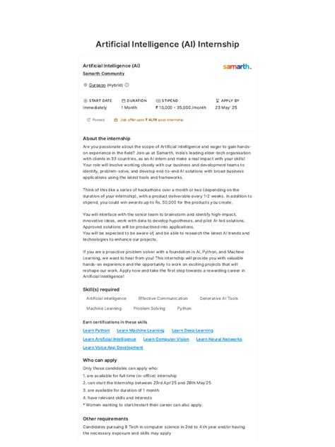 Artificial Intelligence Ai Internship In Gurgaon At Samarth Community