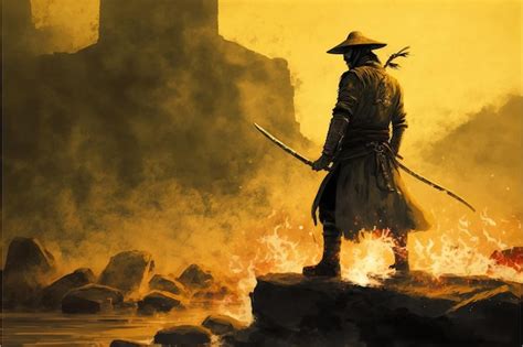 Escena De Samurai Con Espada De Fuego De Pie Sobre La Roca Ilustración