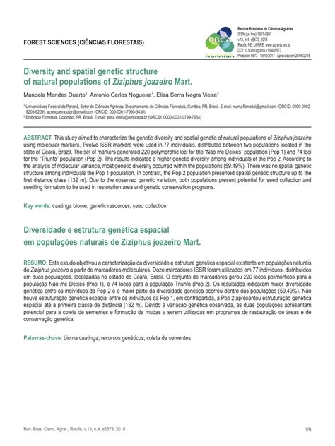 Pdf Diversity And Spatial Genetic Structure Of Natural Populations Of Ziziphus Joazeiro Mart