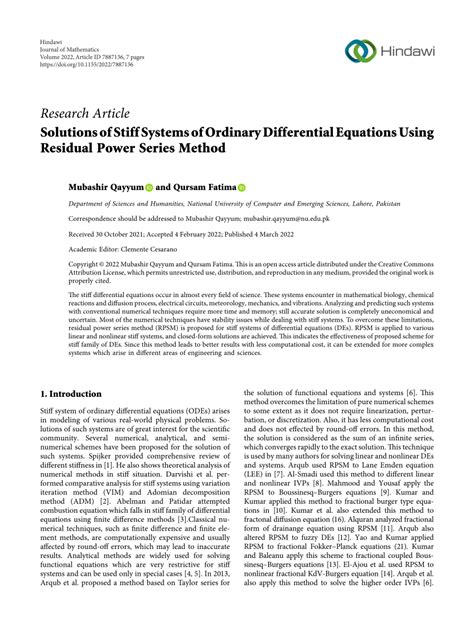 Pdf Solutions Of Stiff Systems Of Ordinary Differential Equations
