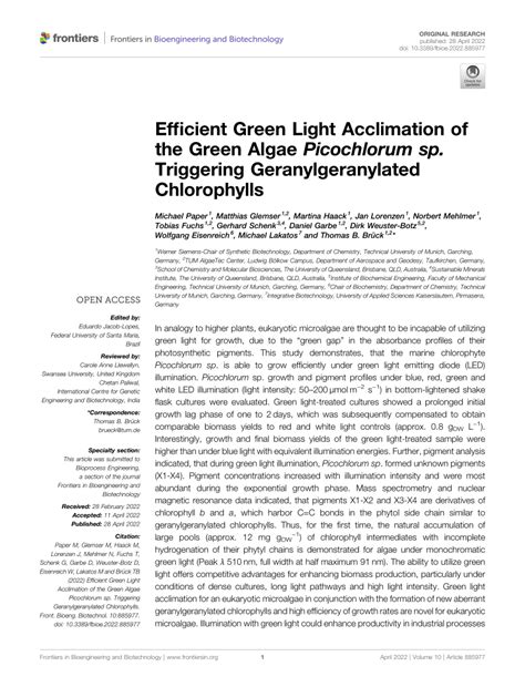 Pdf Efficient Green Light Acclimation Of The Green Algae Picochlorum Sp Triggering