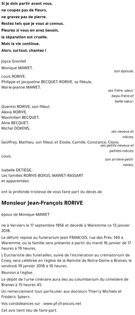 Avis De Décès De Jean François Rorive Décédé Le 13 01 2018 à Waremme Annonce Condoléances
