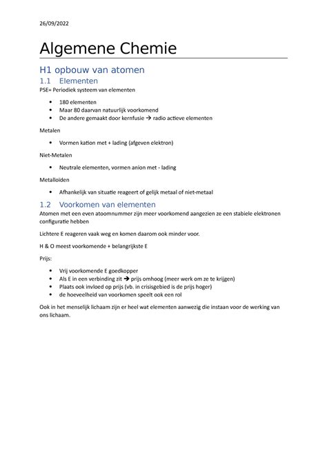 Algemene Chemie H1 Opbouw Van Atomen 2609 Algemene Chemie H1 Opbouw