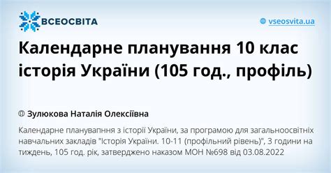 Календарне планування 10 клас історія України 105 год профіль КТП Історія України