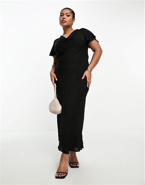 Asos Design Curve Flutter Sleeve Cowl Neck Midi Dress In Black Asos