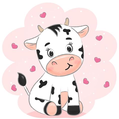Tarjeta De Vacaciones Linda Vaca Con Corazones Vector Premium