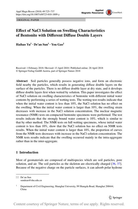 Effect Of Nacl Solution On Swelling Characteristics Of Bentonite With Different Diffuse Double