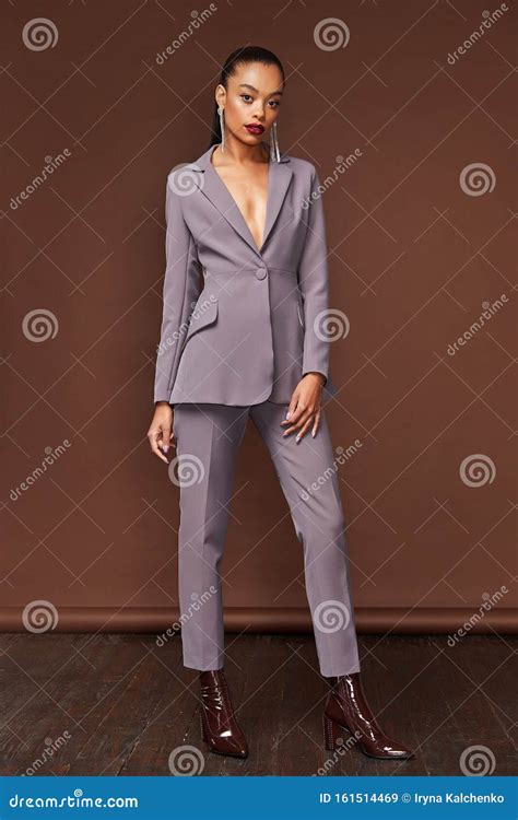 Beautiful Woman Fashion Glamour Model Brunette Hair Makeup Wear Suit