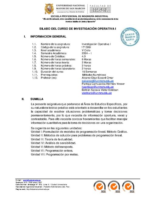 Sílabo Investigación Operativa I 2024 1 Año Del Bicentenario De La