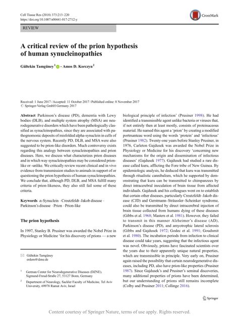 A Critical Review Of The Prion Hypothesis Of Human Synucleinopathies