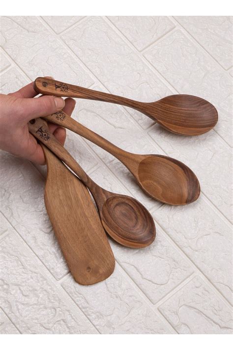 Öz Ahsap 4 Parça Ceviz Ağacı Ultra Luks Konsept Tahta Kaşık Spatula Mutfak Seti Taşınabilir