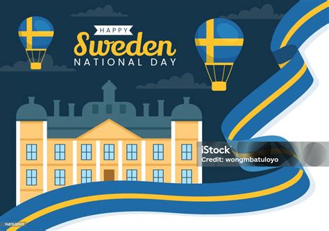 스웨덴 국경일 벡터 일러스트레이션 6월 6일 웹 배너 또는 랜딩 페이지 템플릿에 대해 손으로 그린 평평한 만화에 스웨덴 국기로 축하 6월에 대한 스톡 벡터 아트 및 기타
