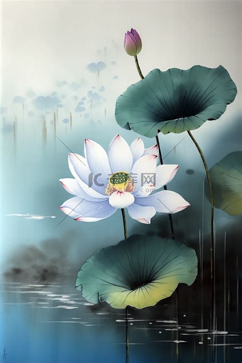 手绘国风莲花荷花夏天水彩插画图片 千库网