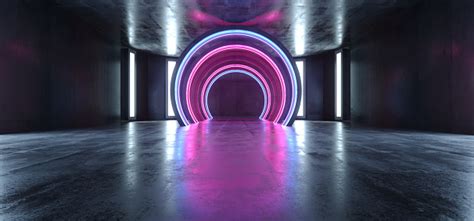 미래 네온 조명 공상 과학 소설 빛나는 보라색 파란색 가상 활기찬 지하 차고 터널 터널 복도 그런지 콘크리트 반사 어두운 빈 원