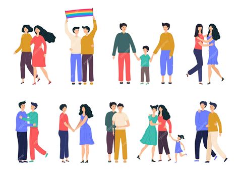 동성애 사람들 다인종 Lgbt 커뮤니티 사랑하는 레즈비언 및 게이 사람 최근 벡터 문자 평면 스타일 Lgbt 동성애 다인종의