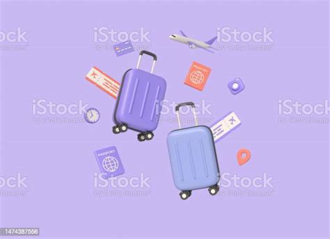 3d 가방 비행기 표 신용 카드 여권 여행 및 관광 개념입니다 여름 휴가 계획 보라색 배경에 격리된 그림 3d 렌더링 3차원 형태에 대한 스톡 사진 및 기타 이미지 Istock